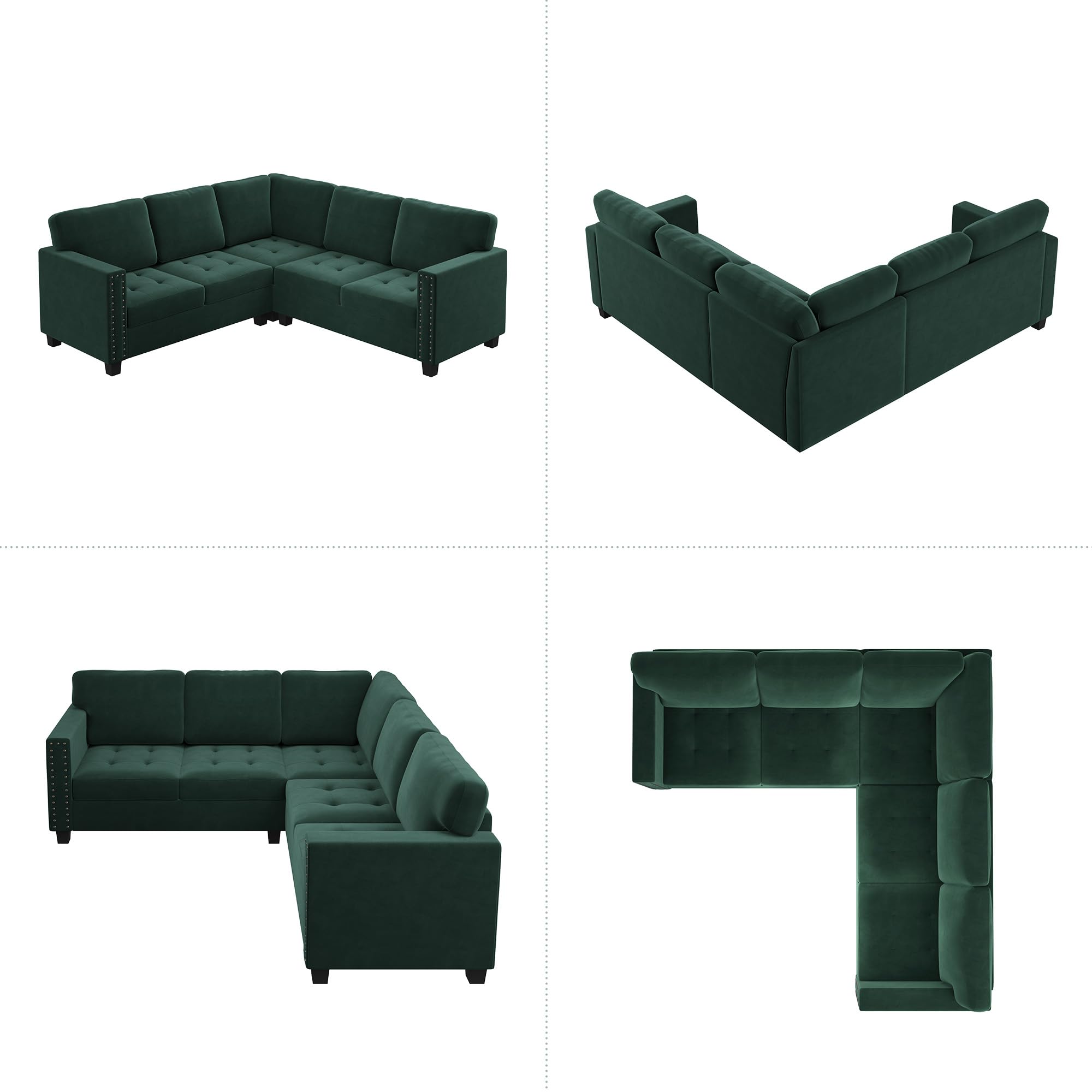 HONBAY Velvet Convertible Sectional Sofa L Shaped Couch Reversible 4 Seat Corner Sectional Sofa for Small Space, Green