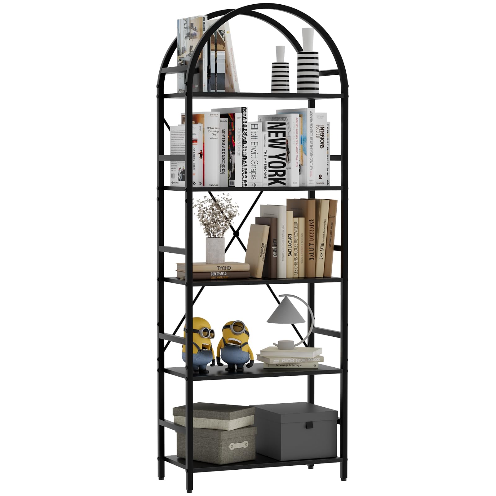 Arbuxzuy 5-Tier Bookshelf, 24 Inch Width Industrial Arched Bookcase, Vintage Storage Rack with Open Shelves, Free Standing Shelf for Home Office, Living Room,Bedroom, Black