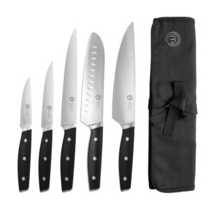 masterchef chef knife set with bag, knife roll set with 5 professional quality kitchen knives for precision home cooking, high carbon stainless steel blades & triple riveted handles