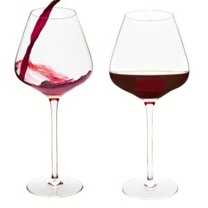 atmu handblown 24 fl. oz extra large wine glasses set of 2, burgundy style, delicate fine crystal, lead-free, hand made premium, exellent gift, laser cut thin rim with long stem