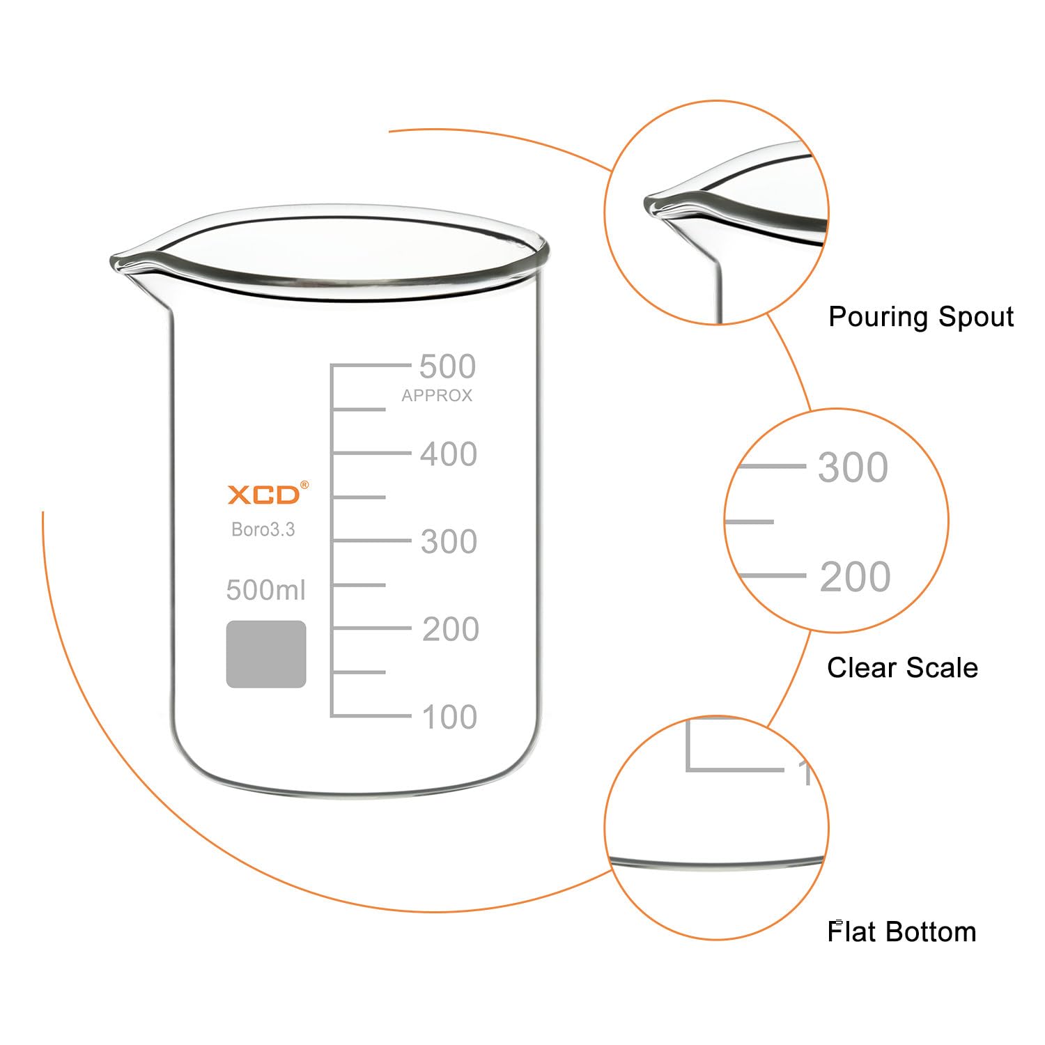 XCD Borosilicate Glass Beaker Set, Combo Pack Graduated Low Form Griffin Beakers in 5 Sizes (50ml, 100ml, 250ml, 500ml, 1000ml)