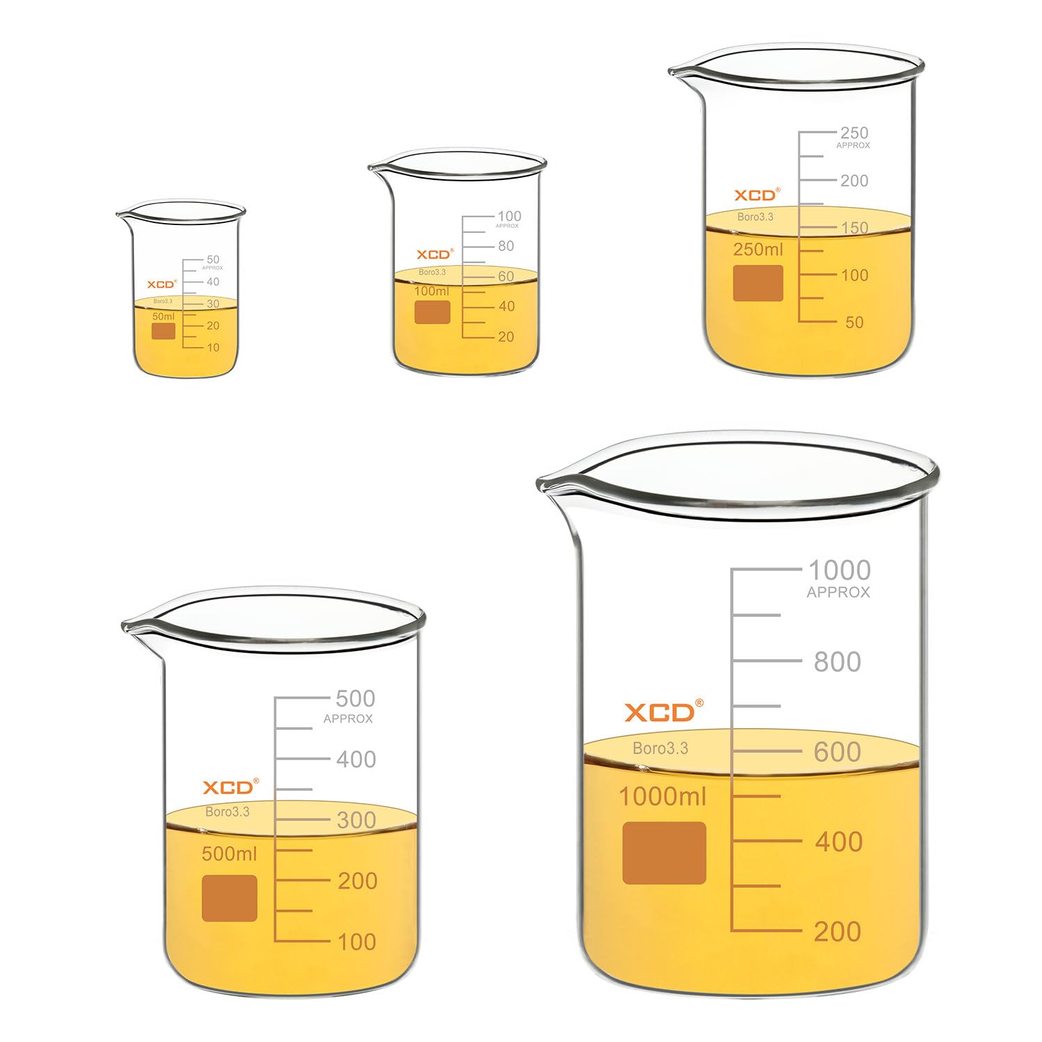 XCD Borosilicate Glass Beaker Set, Combo Pack Graduated Low Form Griffin Beakers in 5 Sizes (50ml, 100ml, 250ml, 500ml, 1000ml)