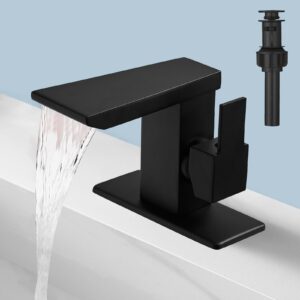 besy waterfall matte black bathroom faucet, single hole or three hole bathroom sink faucet with pop up drain, with cupc supply lines single handle vanity faucets, 6 inch deck plate, stainless steel