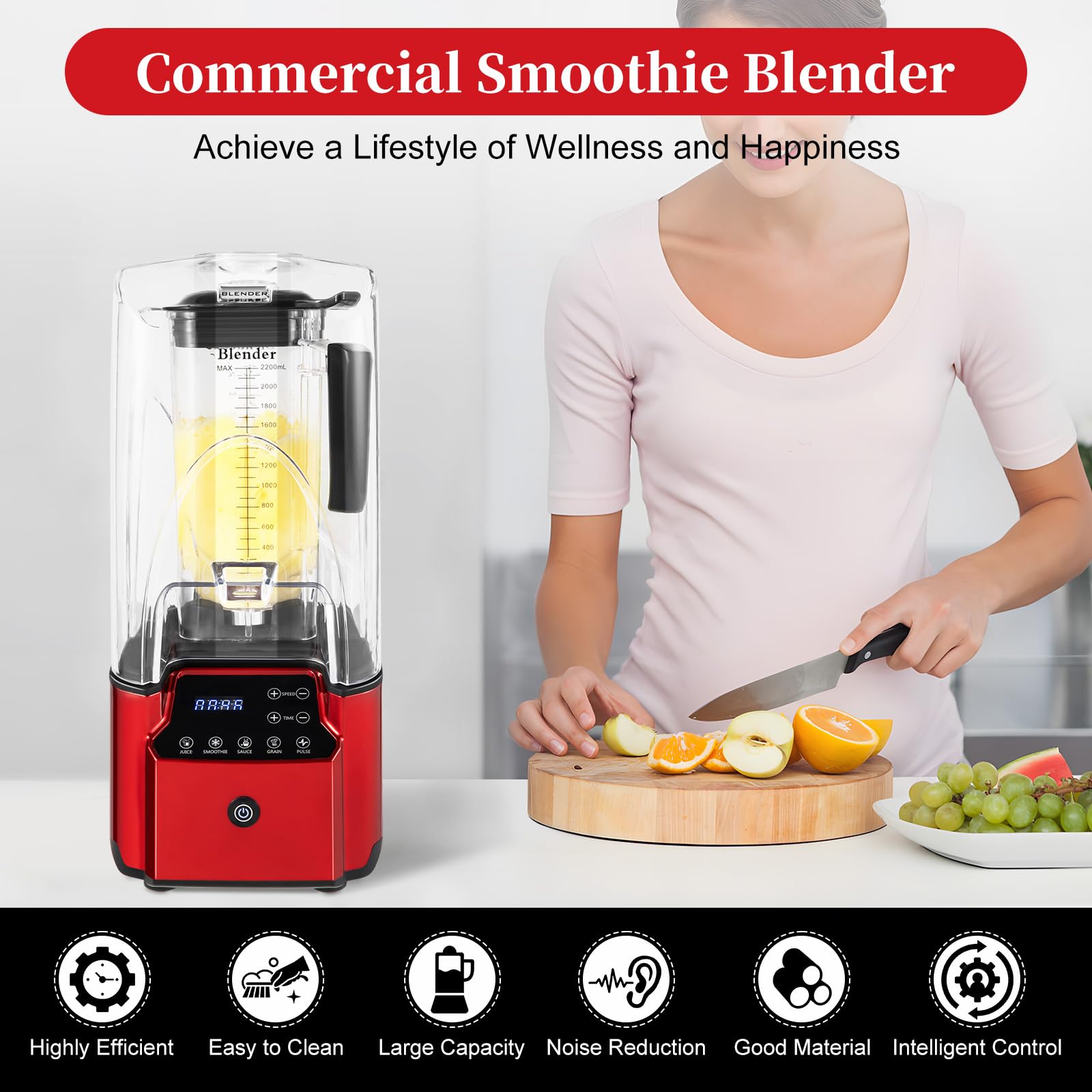 2.2L Smoothie Blender with 8 Gears Adjustable, 2200W Professional Countertop Blender with Removable Shield for Shakes and Smoothies, Puree, Crush Ice