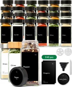 kivy glass spice jars with label & shaker lids [24x 4oz] airtight seasoning containers for cabinet & drawer - empty spice bottles - spice containers with labels - black spice jars with black lids