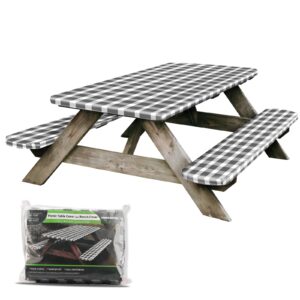 camper matters picnic table cover and bench covers, fitted tablecloth cover with elastic edge, water and oil proof, for outdoor, garden, camping, 96x30 inch, 3 pieces set, black & white