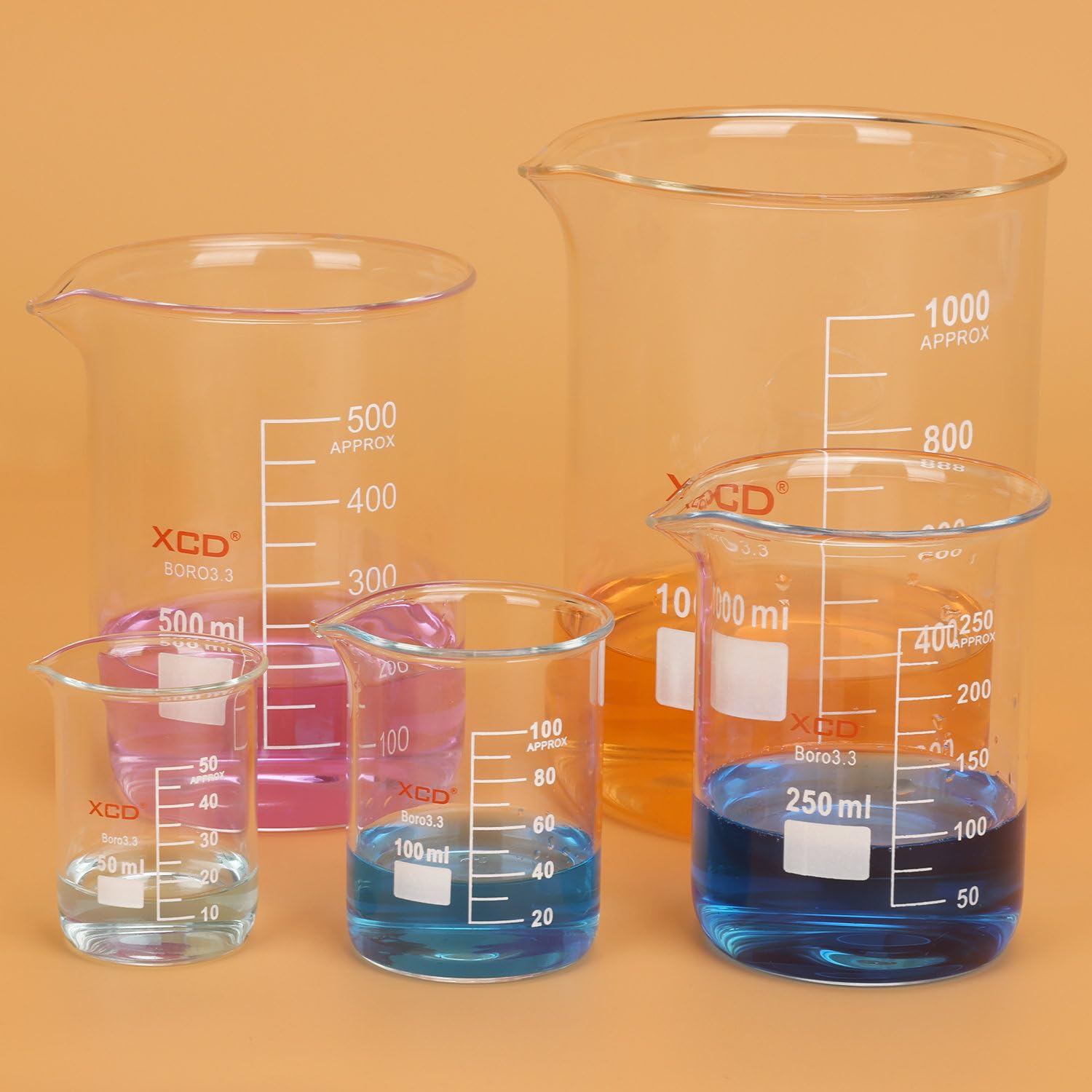 XCD Borosilicate Glass Beaker Set, Combo Pack Graduated Low Form Griffin Beakers in 5 Sizes (50ml, 100ml, 250ml, 500ml, 1000ml)