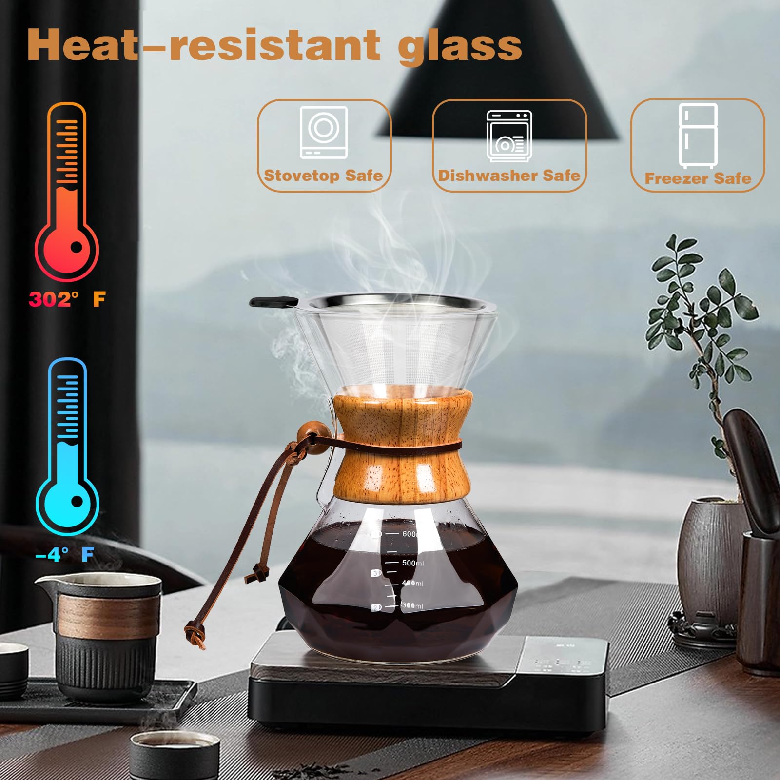 COFISUKI Pour Over Coffee Maker with Reusable Stainless Steel Drip Filter, Lead-Free Borosilicate Glass Coffee Carafe with Modern Wooden Collar for 1-2Cup, Diamond Clear (400ml/13.5oz)