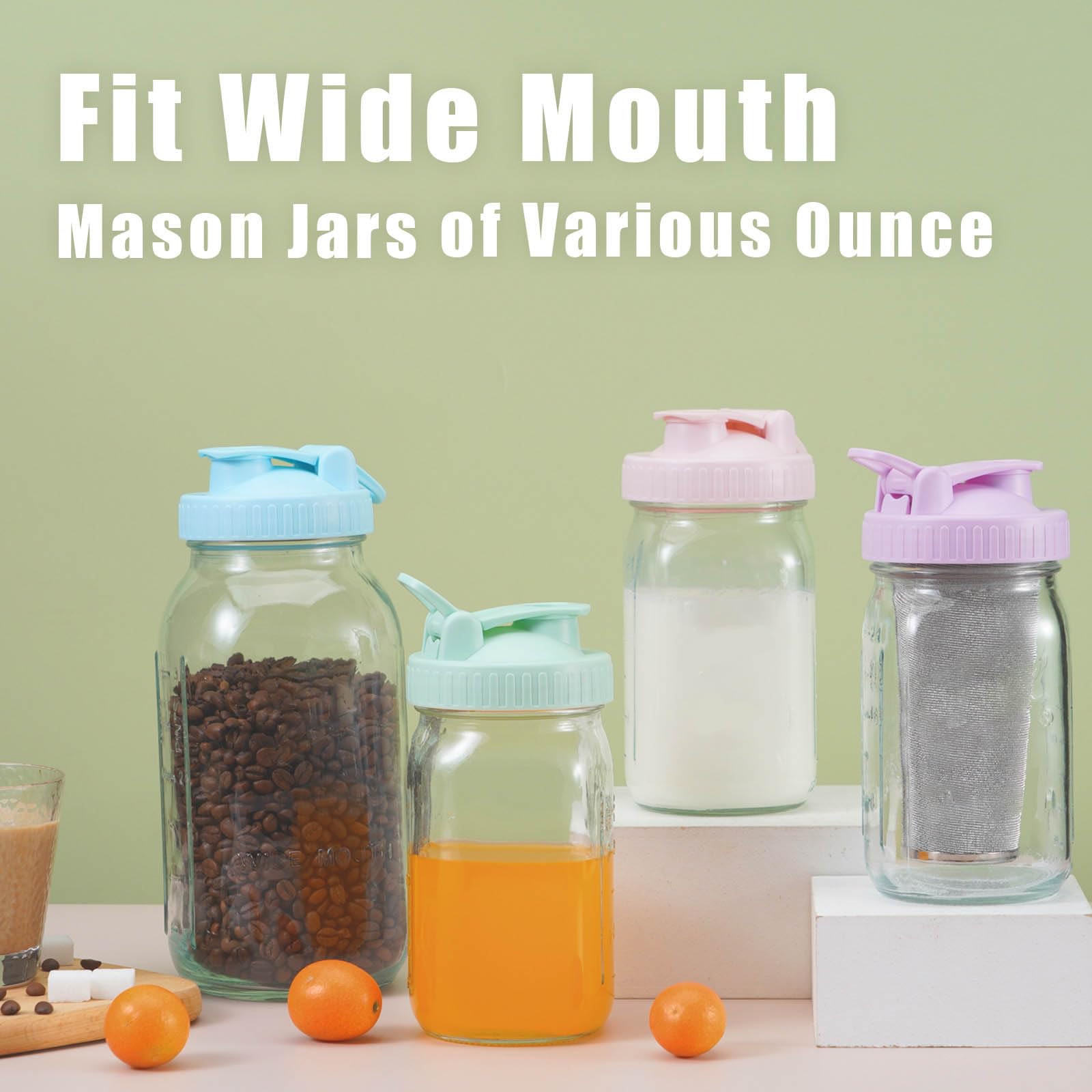 Wide-Mouth Mason Jar Pour Spout Lid - 4 Pack Colorful No Leak Mason Jar Pour Spout Lid, Mason Jar Drinking Lids with Flip Top Easy to Use, No Dripping, Easy to Clean Fit for Mason Jar Pitcher