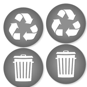 recycle and trash logo stickers 4 pack - 4in circle - for metal or plastic garbage cans, and bins - indoor & outdoor - laminated and uv protected premium decal (grey, small)