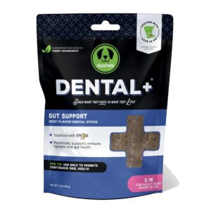 stashios dental+ sticks for dogs under 35 lbs- gut support, with beef bone broth, all natural, epicor postbiotic, made in the usa, dental+ bag, s/m - 7 oz.