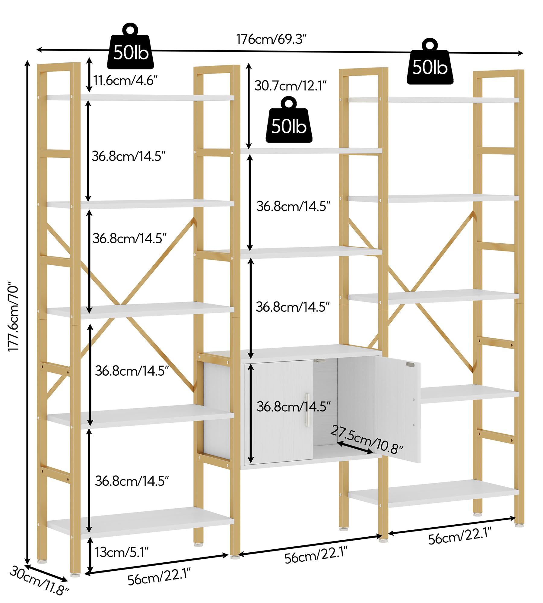 Yusong Bookshelf Triple Wide 5 Tier Bookcases with Storage Cabinet, Industrial Large Modern Tall Bookshelves with 12 Open Display Shelves for Living Room Office Bedroom, White Oak and Gold