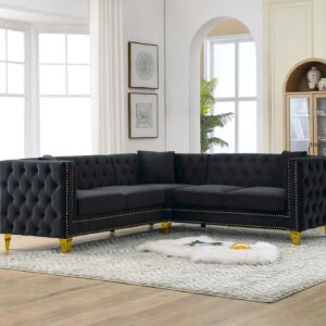 L Shaped Couches for Living Room, Modern Button Tufted Velvet Sofa Couch with Square Armrests Inlaid with Gold Nail Heads, Upholstered Corner Sofas for Living Room, Office, Apartment, Black