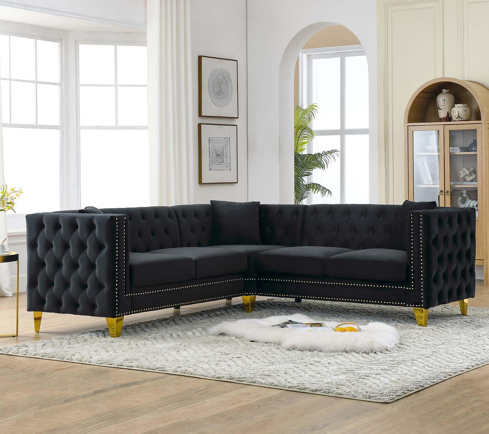 L Shaped Couches for Living Room, Modern Button Tufted Velvet Sofa Couch with Square Armrests Inlaid with Gold Nail Heads, Upholstered Corner Sofas for Living Room, Office, Apartment, Black