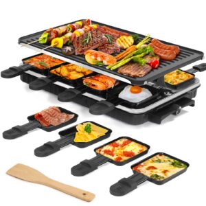 raclette table grill, electric griddle korean bbq grill indoor grill, 2 in 1 electric griddle nonstick with 8 raclette cheese pans adjustable temperature control 1300w ideal for family and party fun