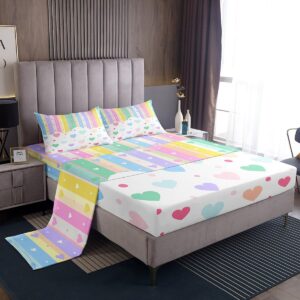 feelyou pretty rainbow sheet set for boys girls colorful love heart bed set full size dot bed sheets bedroom decor kawaii sheets bedding collection 4pcs,1 fitted sheet+2 pillow sham+1 flat sheet