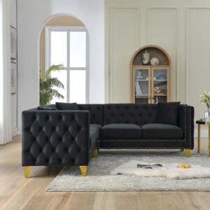 L Shaped Couches for Living Room, Modern Button Tufted Velvet Sofa Couch with Square Armrests Inlaid with Gold Nail Heads, Upholstered Corner Sofas for Living Room, Office, Apartment, Black