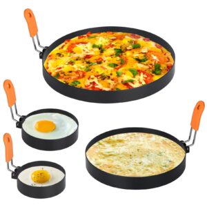 hhyn egg rings for griddle frying eggs upgraded 4 packs, pancake shapers with orange silicone handle non-stick egg molds for cooking breakfast omelette sandwiches (3", 3.5", 6", 8")