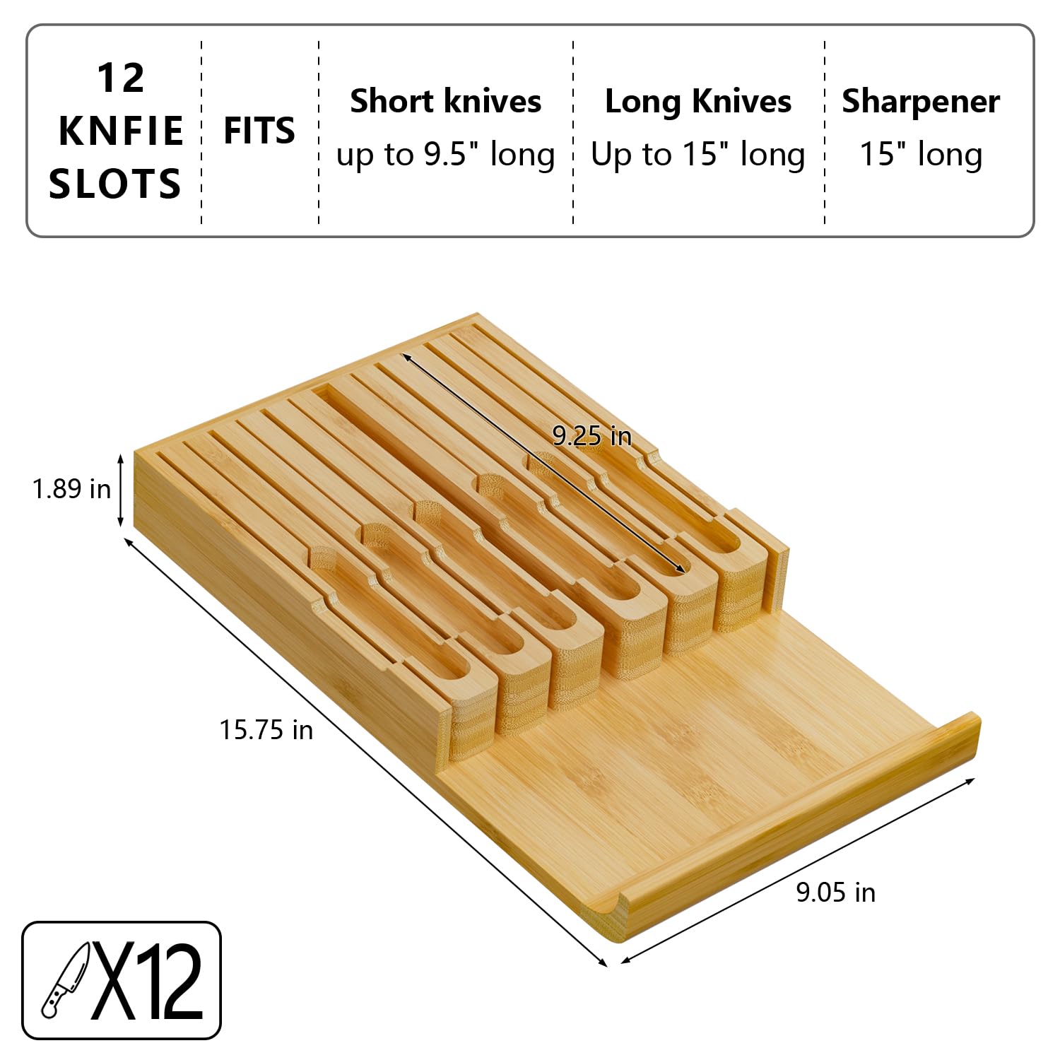 Domax Bamboo In-drawer Knife Block - Knife Drawer Organizer Insert Large Handle Steak Knife Holder, Kitchen Drawer Knife Organizer Fits for 12 knives and 1 Sharpening Steel (Not Included), Natural