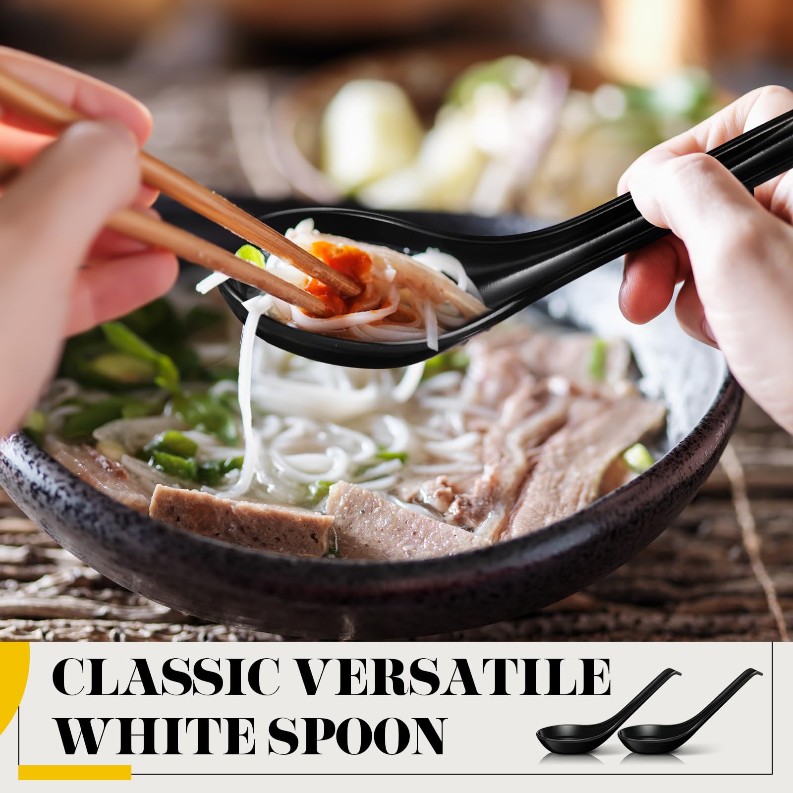 Hushee 100 Pcs Asian Soup Spoon Chinese Soup Spoons Bulk Large Melamine Noodle Ramen Spoons Reusable Japanese Soup Spoon Wonton Rice Dumpling Pho Spoon with Hook for Home Kitchen Restaurant (Black)