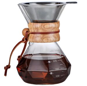 cofisuki pour over coffee maker with reusable stainless steel drip filter, lead-free borosilicate glass coffee carafe with modern wooden collar for 1-2cup, diamond clear (400ml/13.5oz)