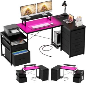 unikito reversible l shaped computer desk with fabric file drawers, 70.8" large office corner desk with rgb led lights & power outlets & monitor stand & cpu stand, sturdy l shape gaming desk, black