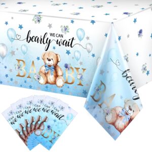 bear baby shower tablecloth plastic bear table cover we can bearly wait baby tablecloth bear balloon star flower table cover for kids birthday party and baby shower, 54 x 108 inch (blue,6 pack)