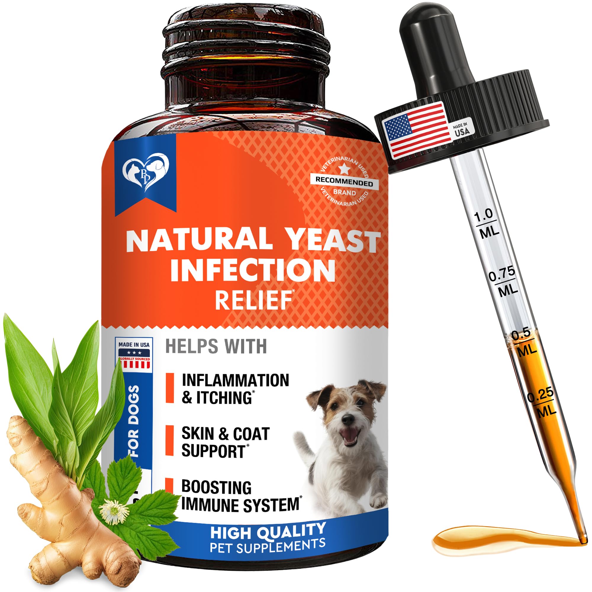 Natural Dog Yeast Infection Anti Itch Treatment - Itchy Ears, Skin & Allergy Symptoms Relief - Reduces Inflammation & Relieves Irritation - Herbal Medicine Supplement Drops - Made in USA