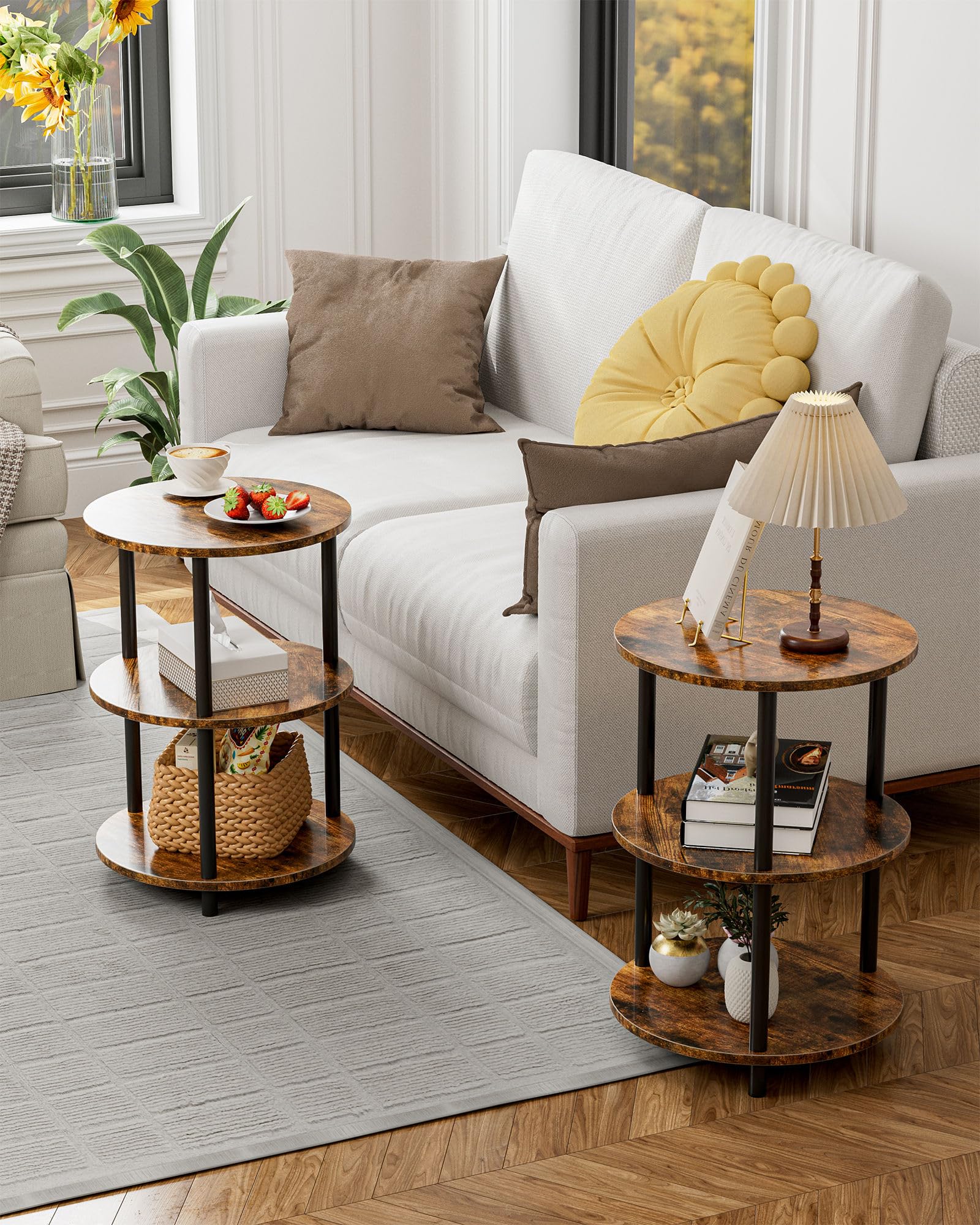 Frylr Round End Tables Living Room Set of 2 - Small Accent Table with Round Top for Stylish Bedside or Side Table Use in Small Spaces, Robust Metal Frame, Brown