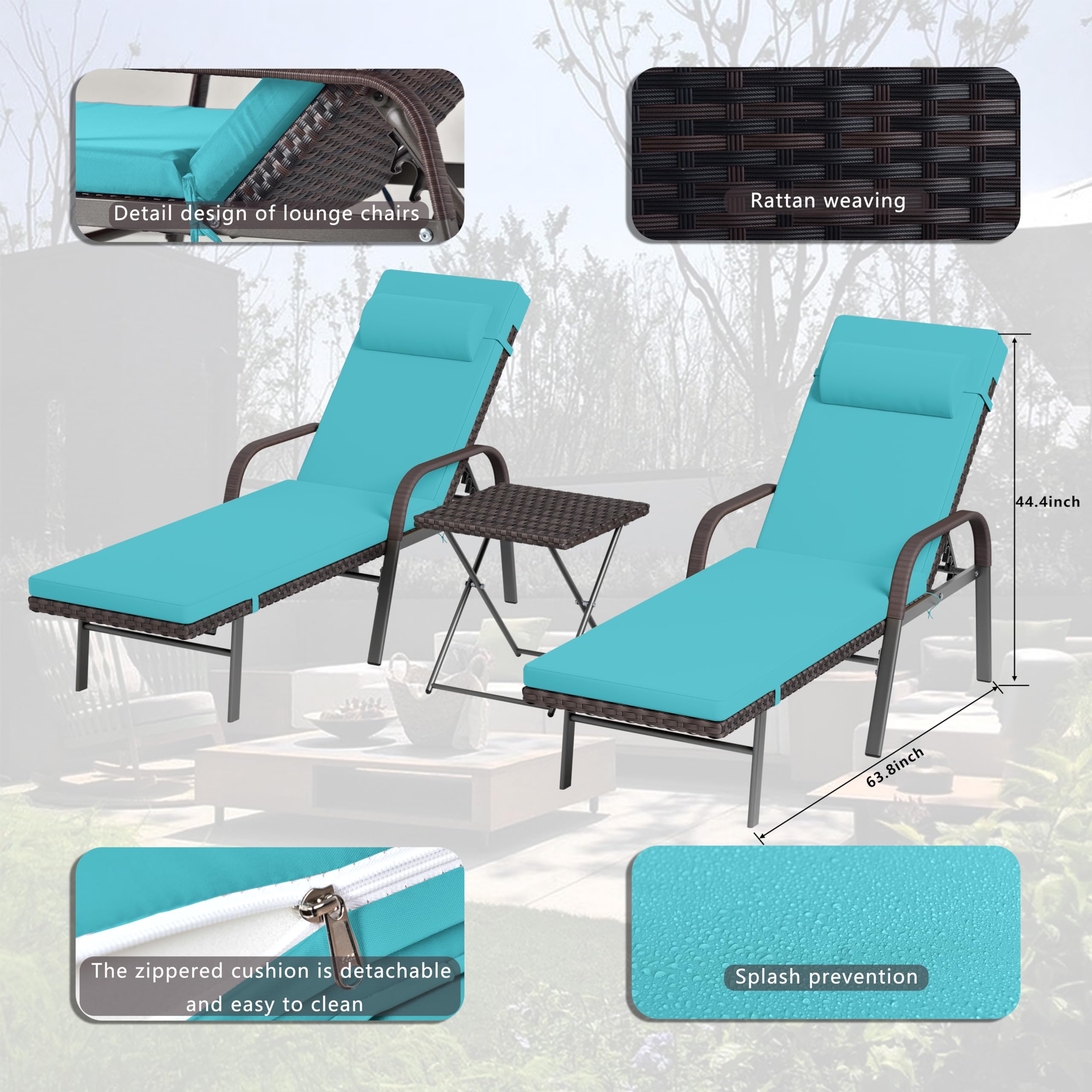 ASJMR Patio Chaise Lounge Set 3 Pieces Outdoor Lounge Chair with Rattan Adjustable Backrest Armrest and Folding Table for Beach Patio,Sand, for Poolside Backyard Porch