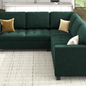 HONBAY Velvet Convertible Sectional Sofa L Shaped Couch Reversible 4 Seat Corner Sectional Sofa for Small Space, Green