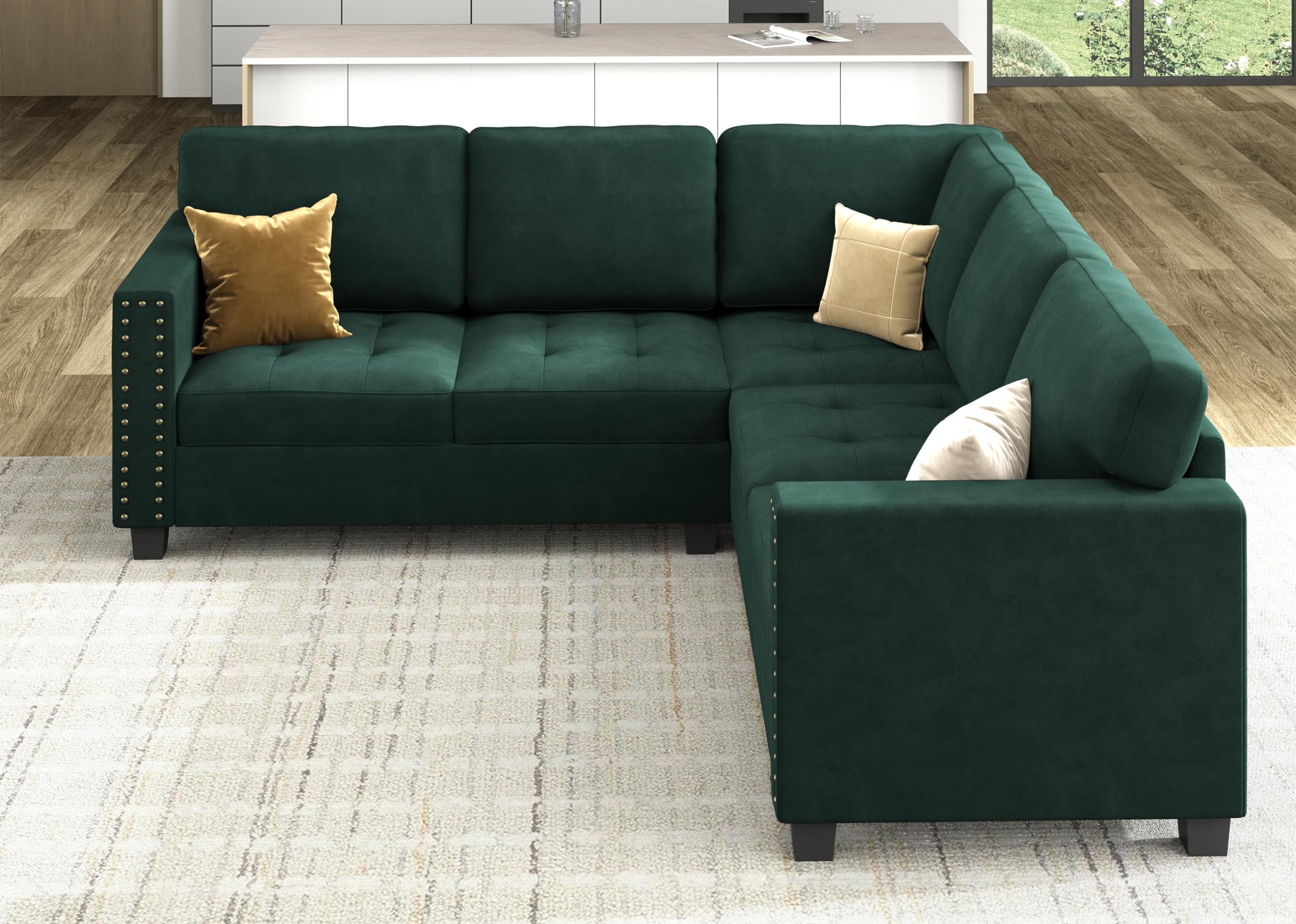 HONBAY Velvet Convertible Sectional Sofa L Shaped Couch Reversible 4 Seat Corner Sectional Sofa for Small Space, Green