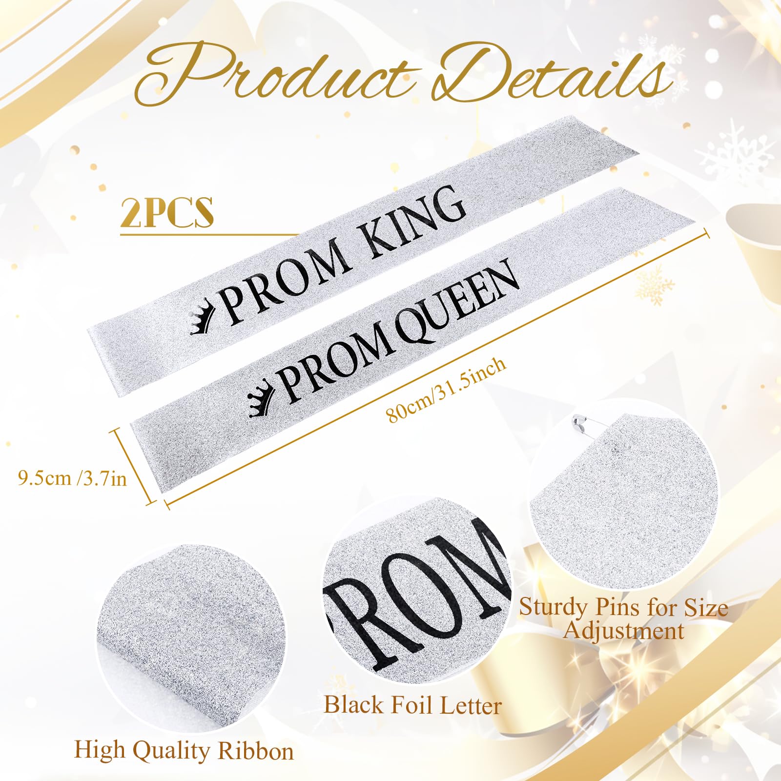 Lyrow 2 Pcs Prom King and Prom Queen Sashes, Graduation Party School Party Accessories Sashes with Print for Bachelorette Party Wedding Bridal Shower Party Supplies(Silver Glitter)