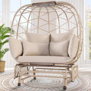 radiata oversized wicker double egg chair w/ 7 cushions 500lb capacity lounge basket with strong heavy-duty steel frame for indoor outdoor patio backyard living room (beige)