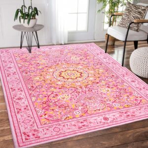 homethic 8x10 area rugs machine washable boho rug oriental floral soft indoor carpet low pile non slip large rugs for living room bedroom office dining room decor aesthetic, pink