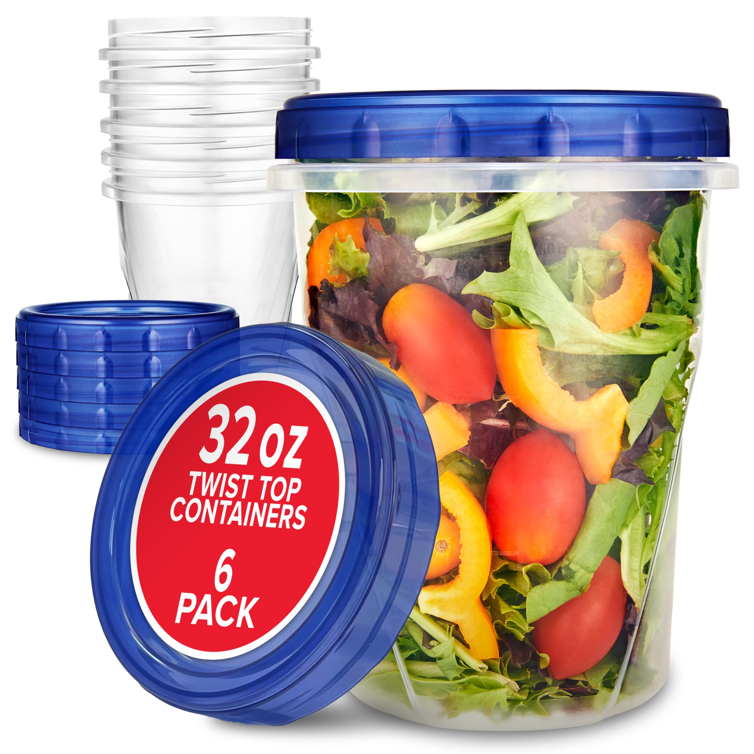 Stock Your Home 32oz Plastic Containers with Twist Top Lids (6 Pack), Quart Freezer Containers with Lids for Leftover Food, Airtight Reusable Soup Containers with Lids, Microwave and Dishwasher Safe