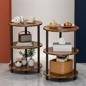 frylr round end tables living room set of 2 - small accent table with round top for stylish bedside or side table use in small spaces, robust metal frame, brown