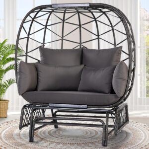 radiata oversized wicker double egg chair w/ 7 cushions 500lb capacity lounge basket with strong heavy-duty steel frame for indoor outdoor patio backyard living room (gray)