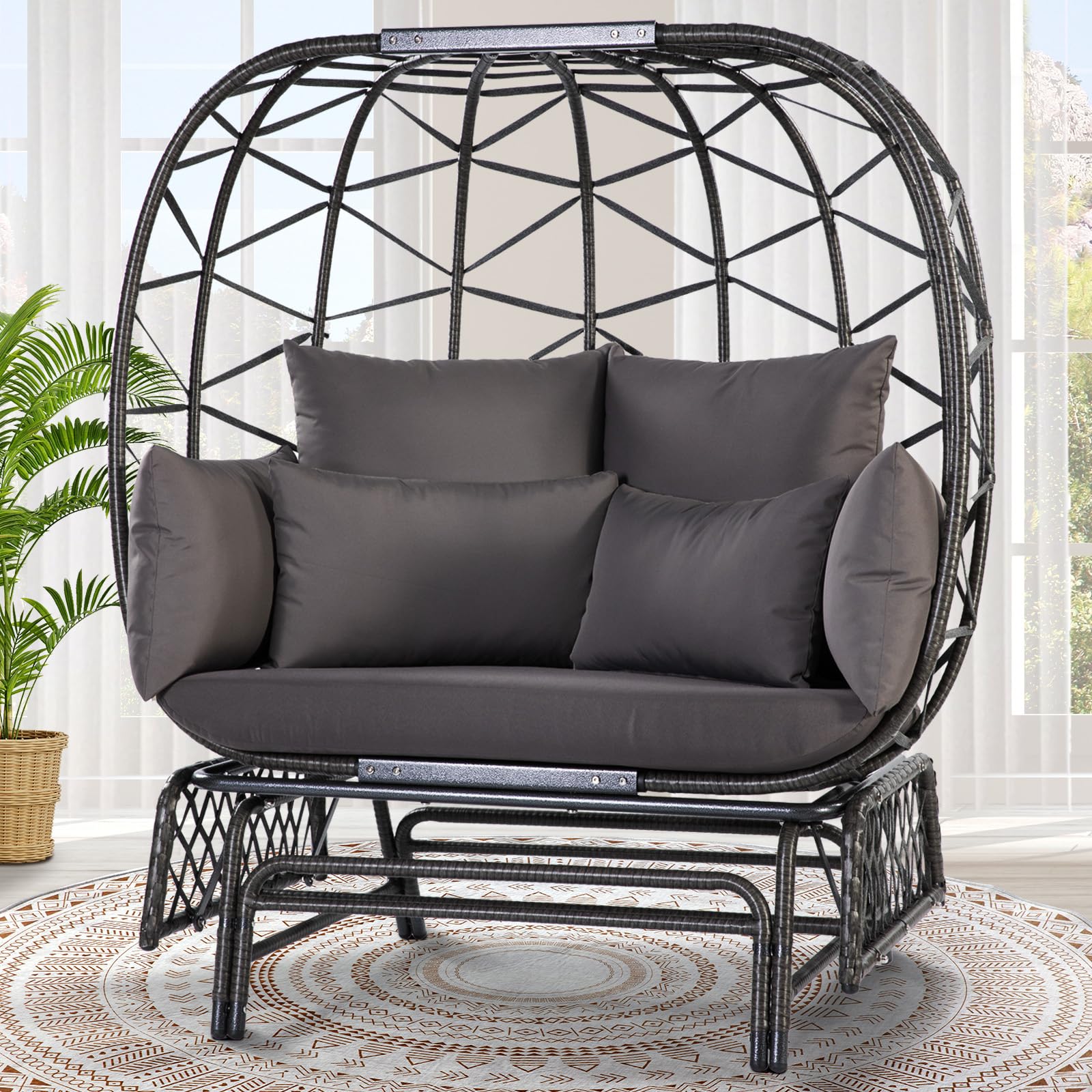 RADIATA Oversized Wicker Double Egg Chair w/ 7 Cushions 500lb Capacity Lounge Basket with Strong Heavy-Duty Steel Frame for Indoor Outdoor Patio Backyard Living Room (Gray)