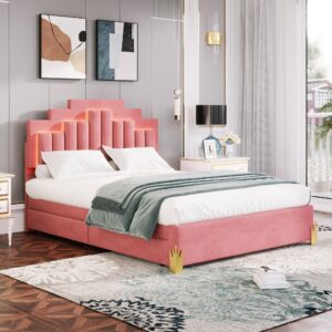 yopto queen size velvet upholstered platform bed with led lights and 4 storage drawers, w/headboard & slat supports,stylish irregular metal bed legs design,for kids teens adults,pink