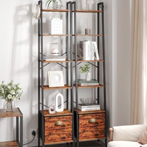 Hzuaneri Narrow Bookshelf Bookcase with Drawer, Ladder Shelf with 2 Hooks, Bookshelves Storage Organizer, Freestanding Display Standing for Home Office, Bedroom, 6 Tier Rustic Brown BC19601B