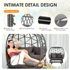 RADIATA Oversized Wicker Double Egg Chair w/ 7 Cushions 500lb Capacity Lounge Basket with Strong Heavy-Duty Steel Frame for Indoor Outdoor Patio Backyard Living Room (Gray)