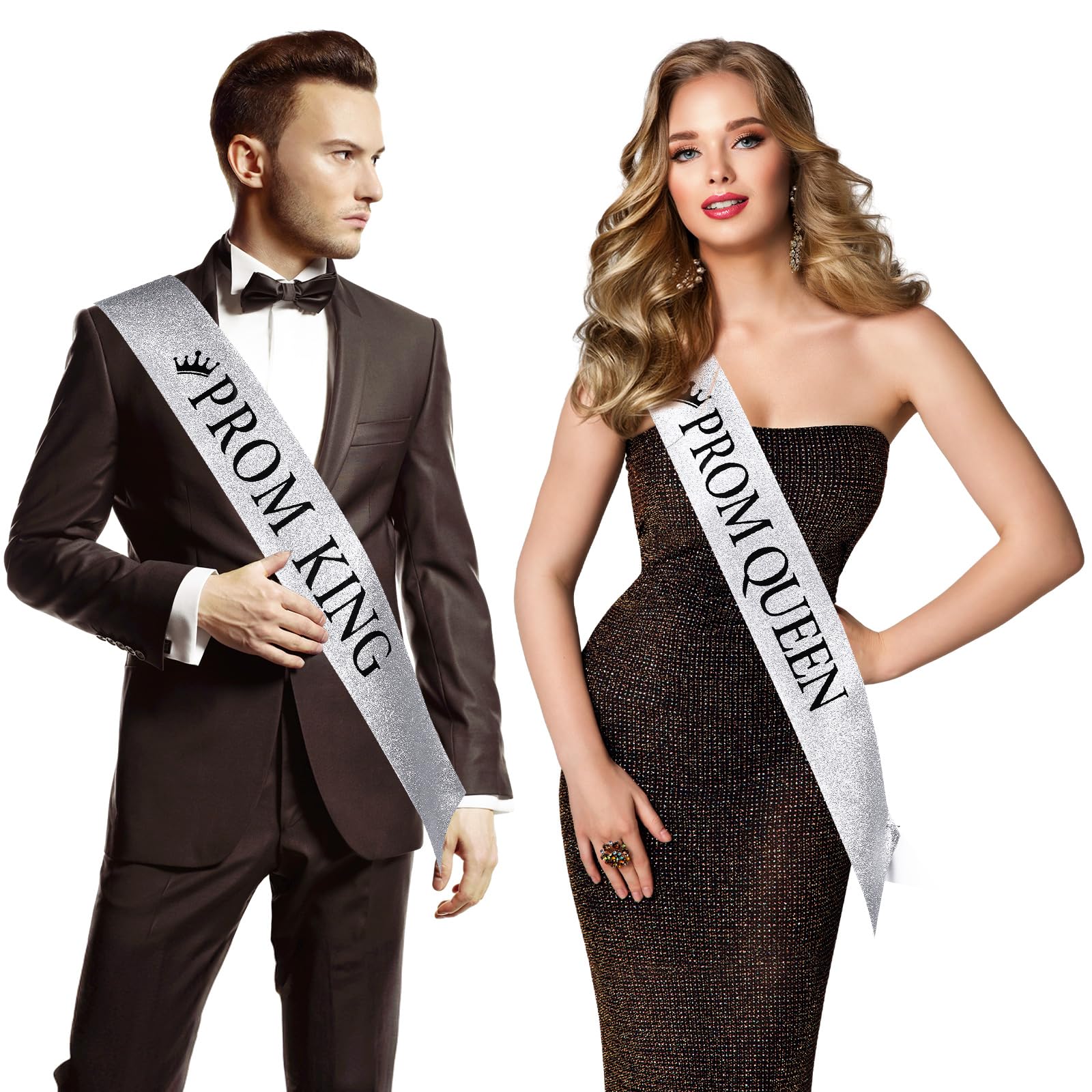 Lyrow 2 Pcs Prom King and Prom Queen Sashes, Graduation Party School Party Accessories Sashes with Print for Bachelorette Party Wedding Bridal Shower Party Supplies(Silver Glitter)