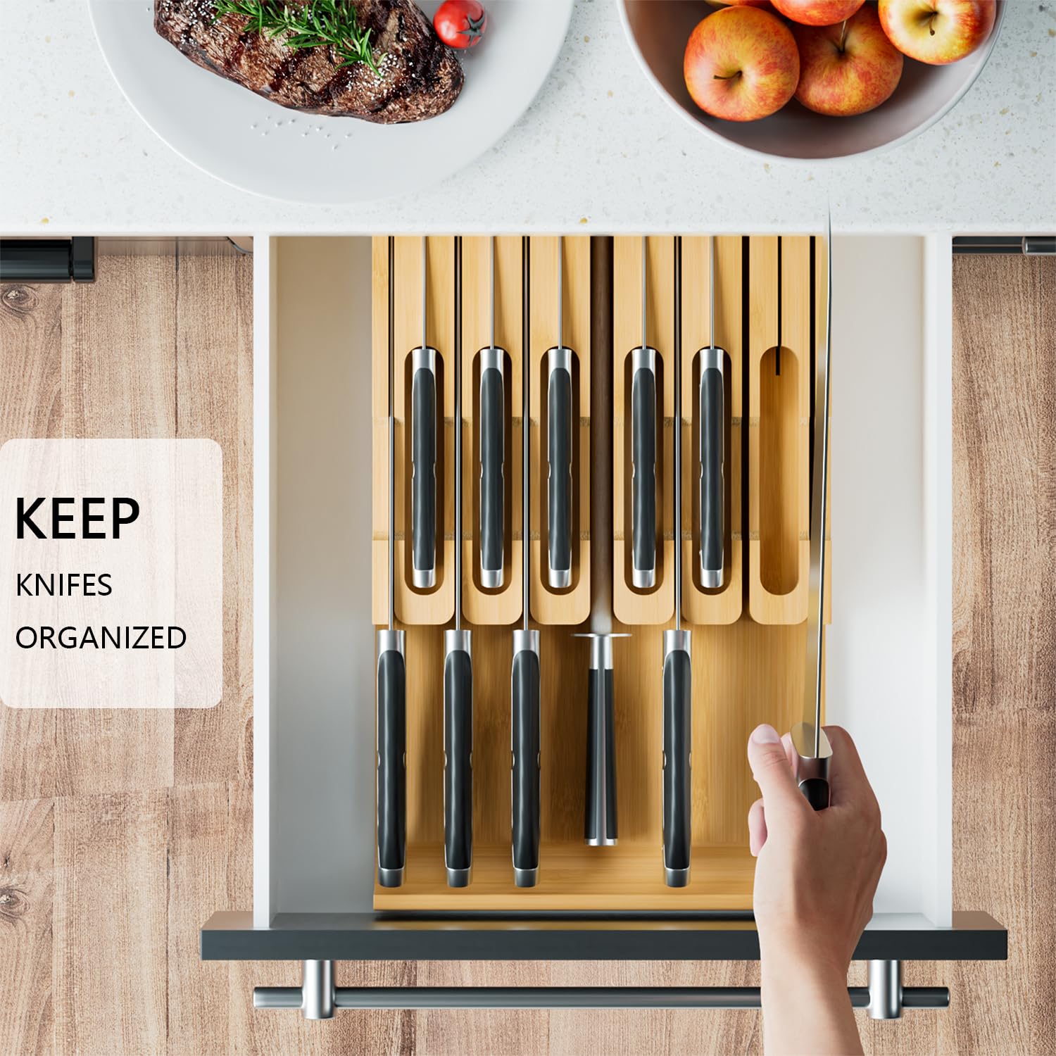 Domax Bamboo In-drawer Knife Block - Knife Drawer Organizer Insert Large Handle Steak Knife Holder, Kitchen Drawer Knife Organizer Fits for 12 knives and 1 Sharpening Steel (Not Included), Natural