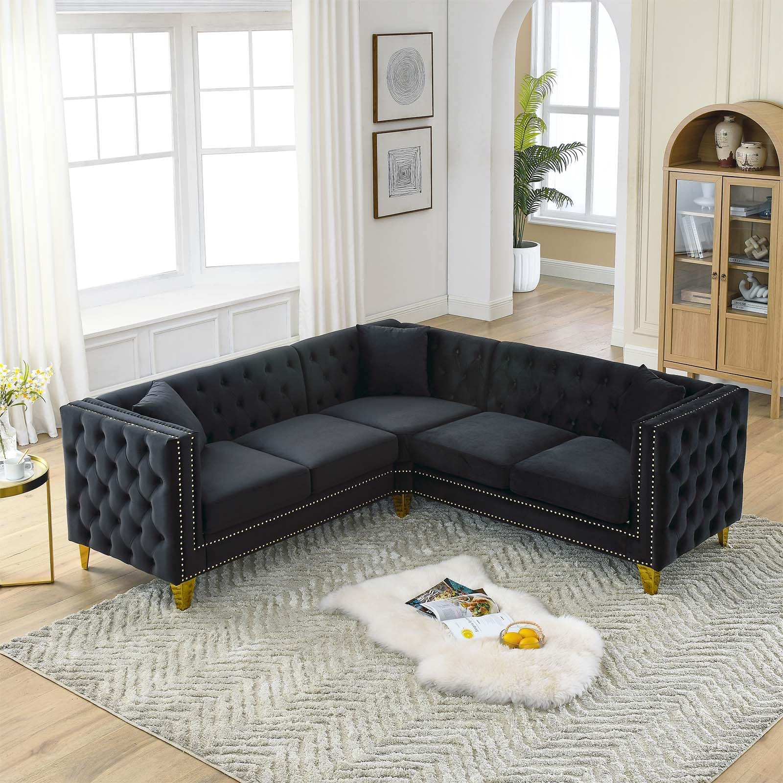 L Shaped Couches for Living Room, Modern Button Tufted Velvet Sofa Couch with Square Armrests Inlaid with Gold Nail Heads, Upholstered Corner Sofas for Living Room, Office, Apartment, Black