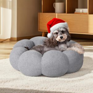 western home wh calming dog beds for small dogs-fluffy flower cat&dog bed in plush teddy sherpa, round donut cuddler small dog bed, non-slip machine washable pet bed fits up to 25 lbs, grey 24"