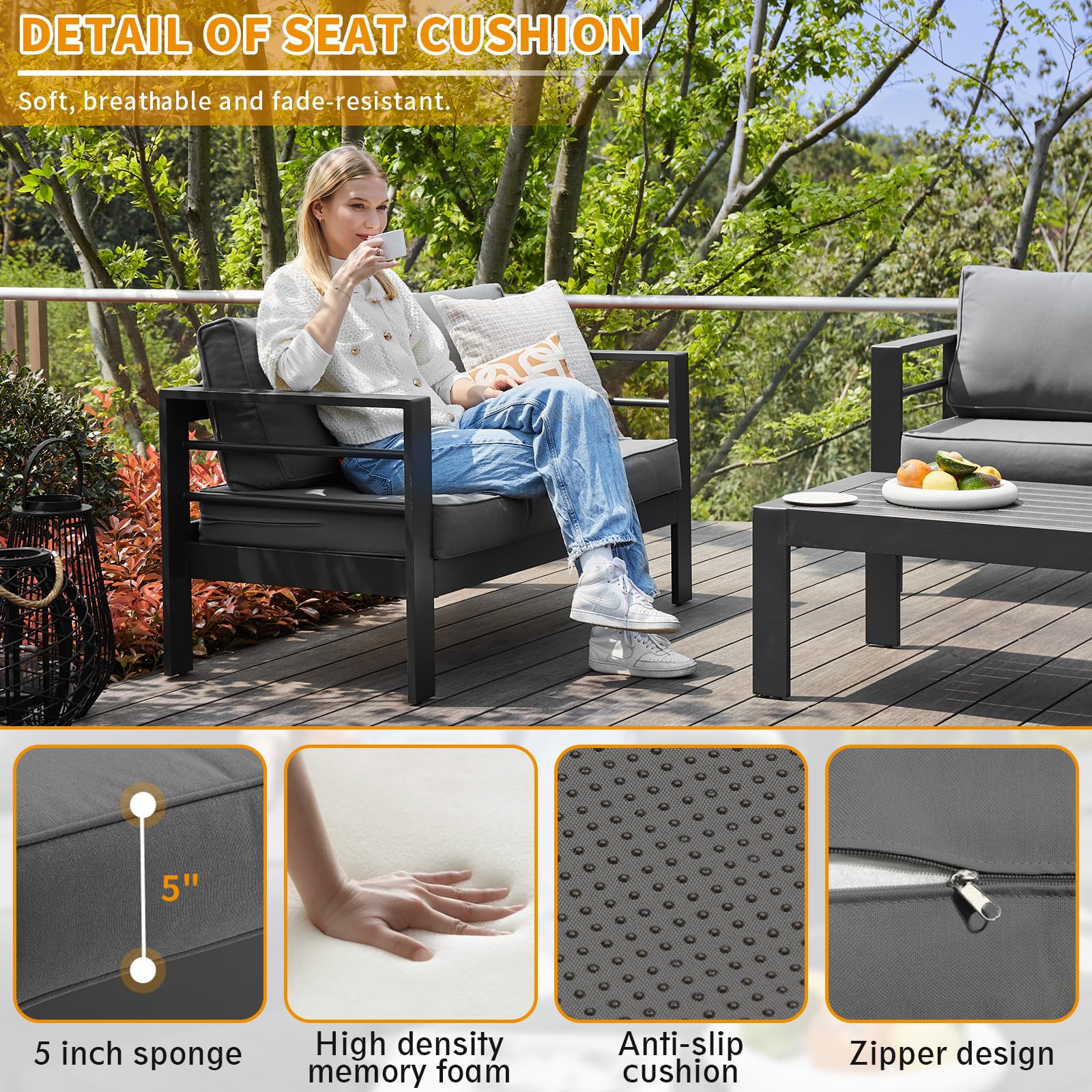 VONZOY Aluminum Patio Furniture,Outdoor Metal Sectional Sofa with Table and Waterproof Covers,Grey Modern Patio Furniture Set for Garden Backyard (5-Piece)