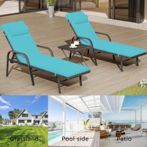 ASJMR Patio Chaise Lounge Set 3 Pieces Outdoor Lounge Chair with Rattan Adjustable Backrest Armrest and Folding Table for Beach Patio,Sand, for Poolside Backyard Porch