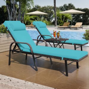 ASJMR Patio Chaise Lounge Set 3 Pieces Outdoor Lounge Chair with Rattan Adjustable Backrest Armrest and Folding Table for Beach Patio,Sand, for Poolside Backyard Porch