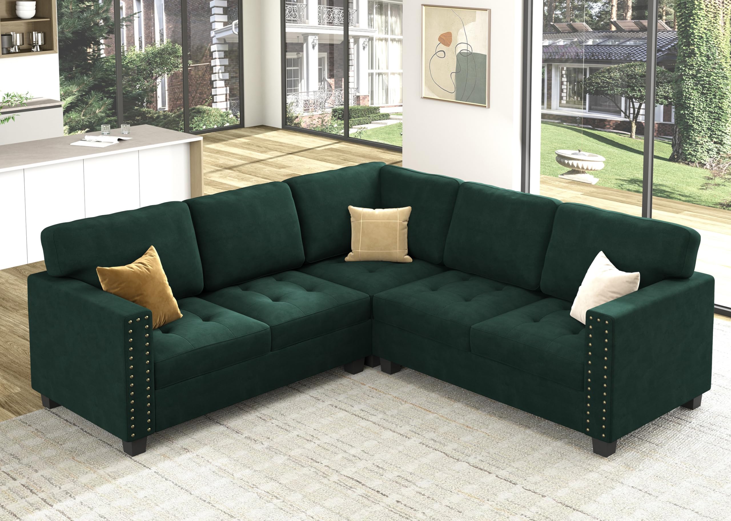 HONBAY Velvet Convertible Sectional Sofa L Shaped Couch Reversible 4 Seat Corner Sectional Sofa for Small Space, Green